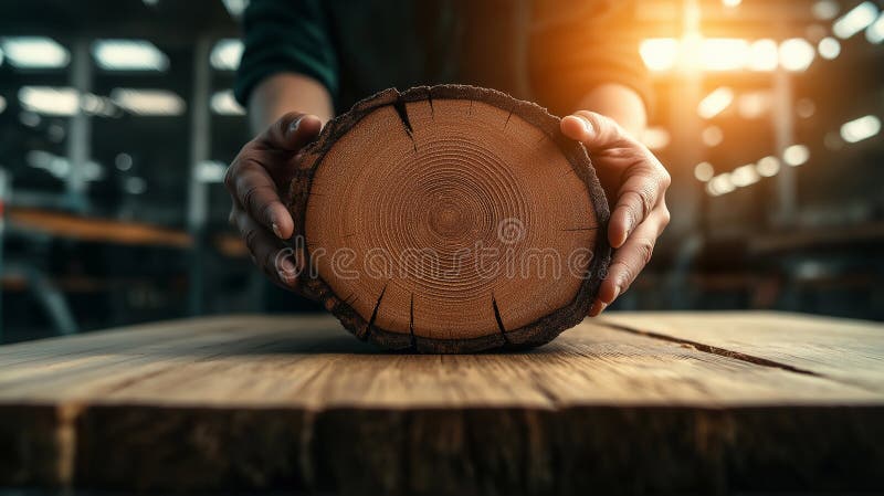 Close Up of Hands Holding Wooden Board with Tree Ring Pattern, Showcasing Natural Texture and ...