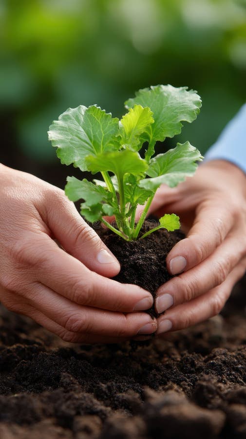 Close Up Hands Holding Young Plant with Soil Conservation and Nurturing ...
