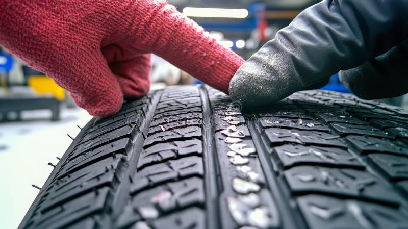 Close-up of Hands Inspecting Vehicle Tire Tread in a Workshop Stock ...