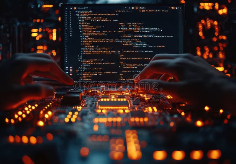 Close-up of Hands Installing a Computer Chip with Coding on Screen ...