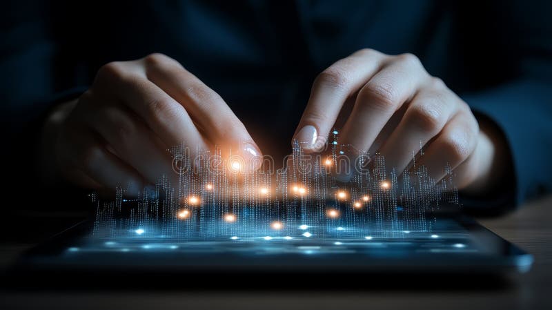 Close-up of Hands Interacting with a Digital Interface on a Tablet ...