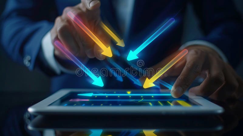 Businessman S Hand Interacting with Digital Tablet with Vibrant Neon ...