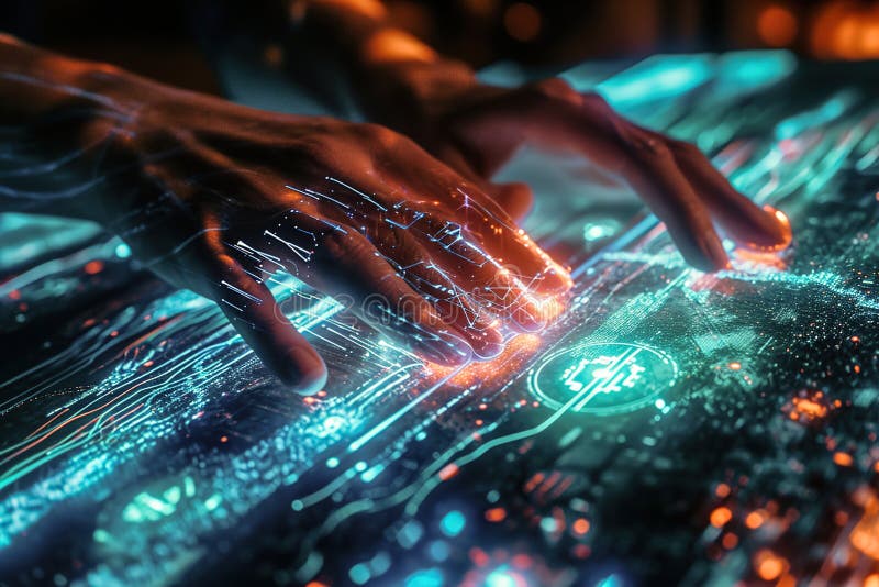 Close-up of Hands Interacting with Holographic Interfaces. High ...