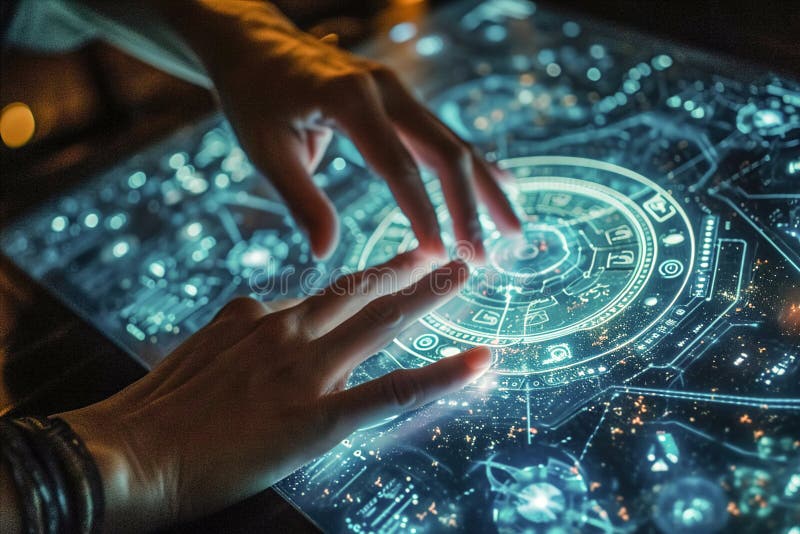 Close-up of Hands Interacting with Holographic Interfaces. High ...