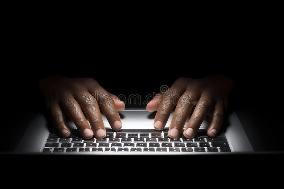 Hands Typing on Laptop in Dark Environment, Focus on Work or ...