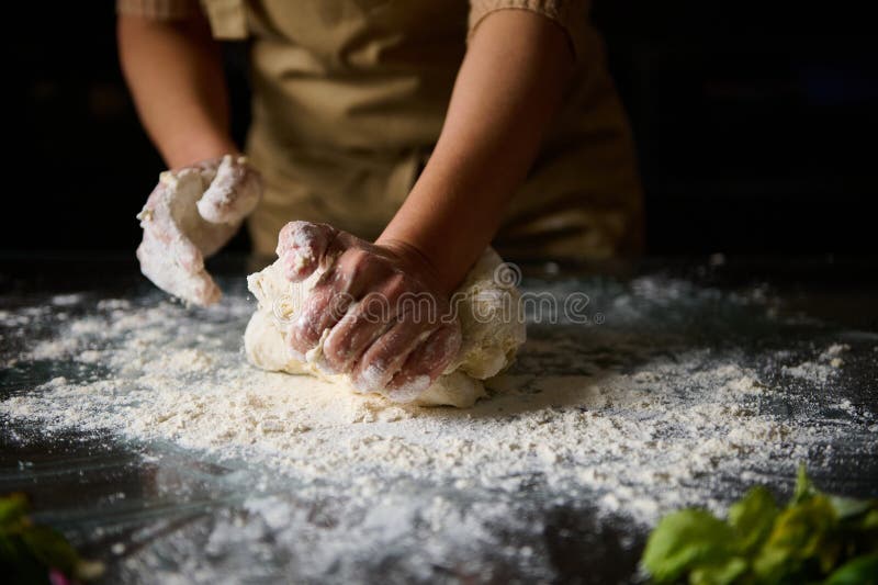 Close-up of Hands Kneading Dough on Floured Kitchen Counter Stock Image ...
