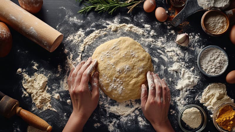 Close-Up of Hands Kneading Dough on Floured Surface Stock Illustration ...