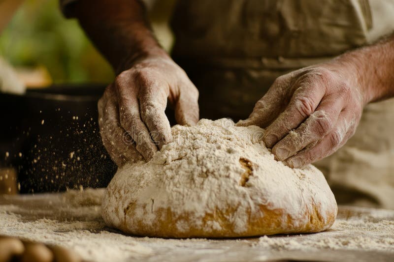 Close-up of Hands Kneading Fresh Bread Dough, with Flour Scattered on ...