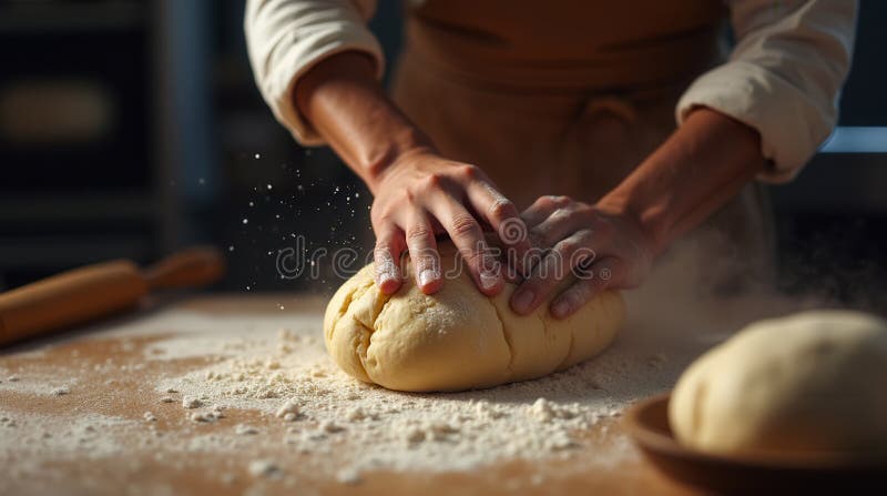 Close-up of Hands Kneading Fresh Dough on a Floured Surface, with Flour ...