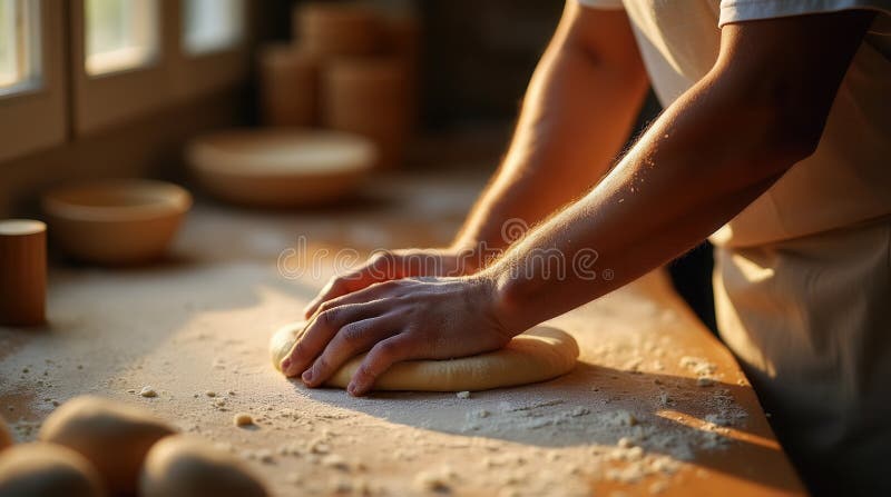 Close-up of Hands Kneading Fresh Dough on a Floured Surface, with Flour ...