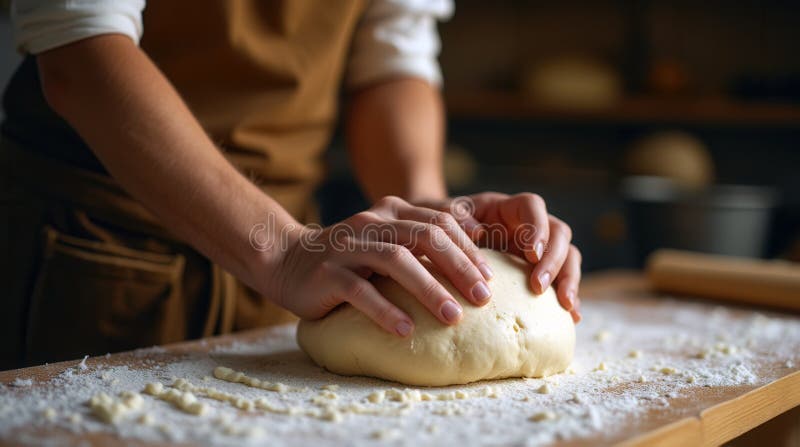 Close-up of Hands Kneading Fresh Dough on a Floured Surface, with Flour ...