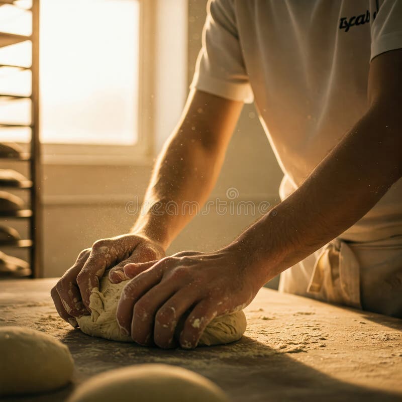 Close-up of Hands Kneading Fresh Dough on a Floured Surface, with Flour ...