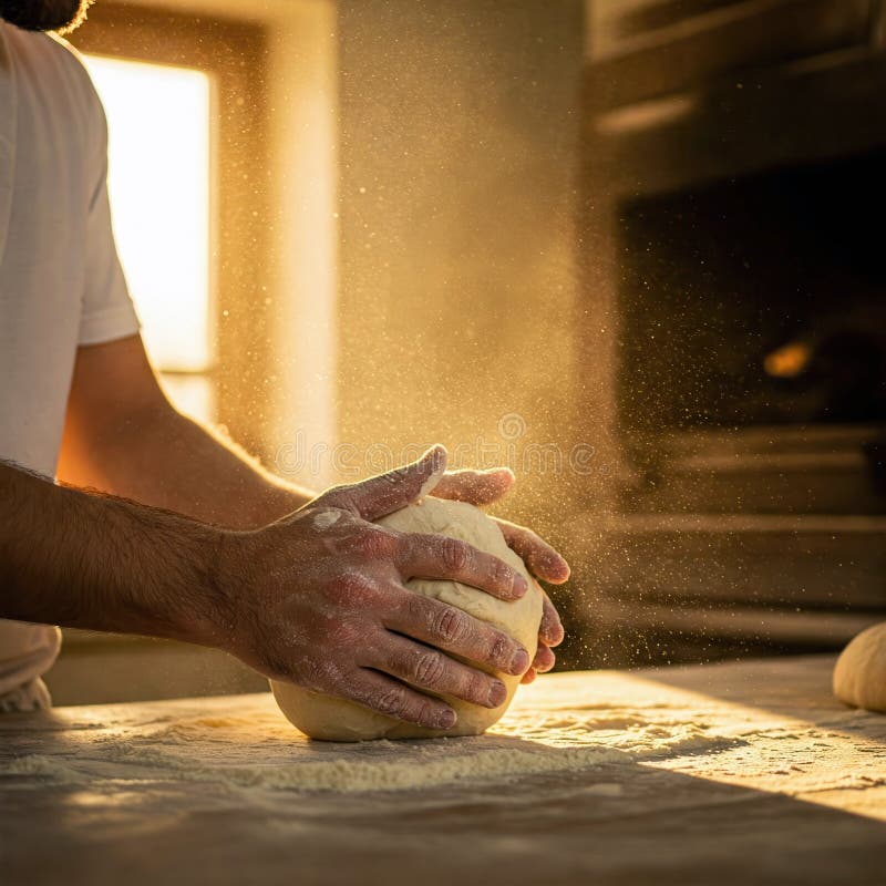 Close-up of Hands Kneading Fresh Dough on a Floured Surface, with Flour ...