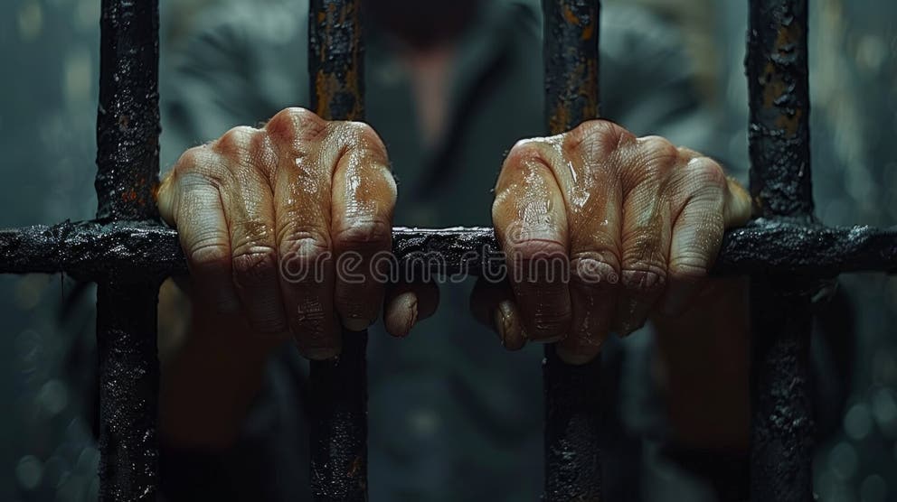 Close-up of the Hands of a Man in Prison. the Man Behind the Prison ...