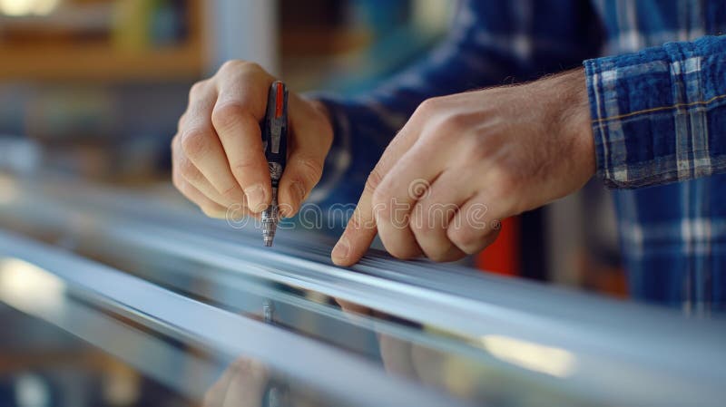 Close-up of Hands Marking a Metal Strip Stock Photo - Image of ...