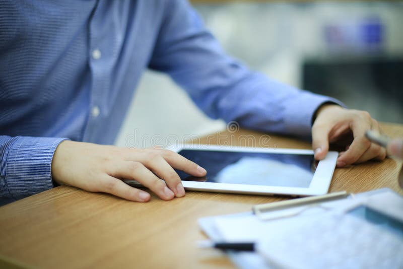 Close Up Hands Multitasking Man Using Tablet, Laptop Connecting Wifi ...