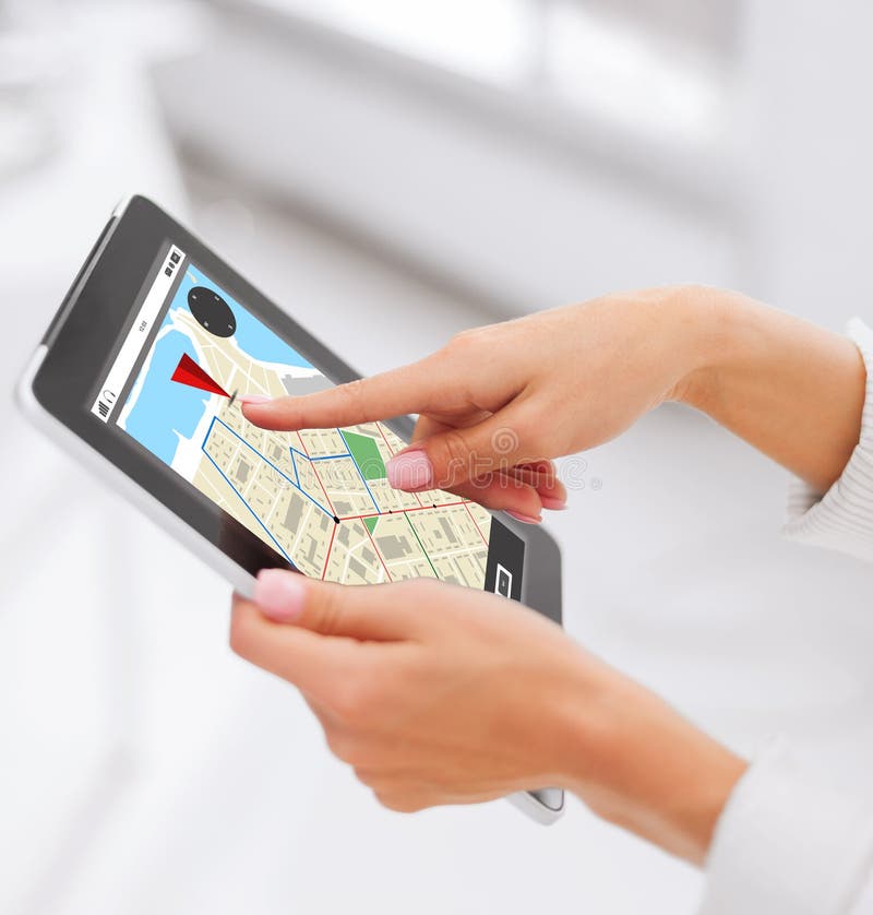 Close Up of Hands with Navigator Map on Tablet Pc Stock Image - Image ...
