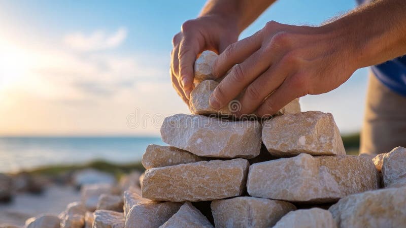 Close-up of Hands Neatly Stacking Stones into a Large Structure Stock ...