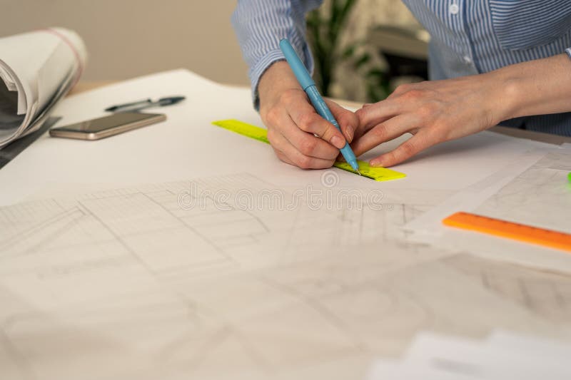 Close-up of Hands with a Pencil and Ruler at the Table Stock Image ...
