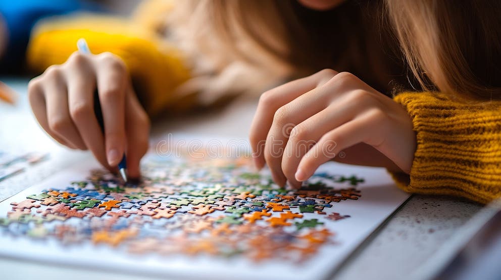 Close Up of Hands Piecing Together a Colorful Puzzle, Reflecting ...