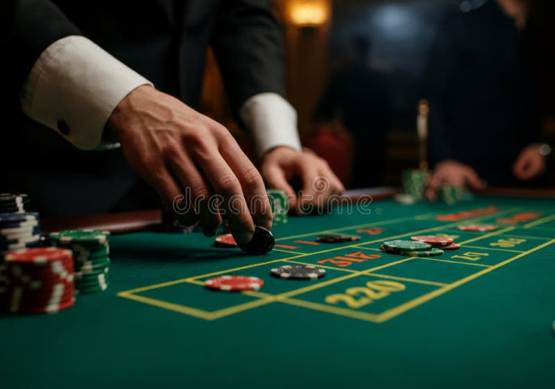 Close-up of Hands Placing Bets on Casino Roulette Table with Chips in ...