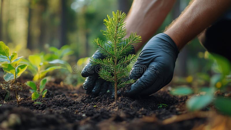 Close-up of Hands Planting a Small Pine Tree Seedling in Rich Dark Soil ...