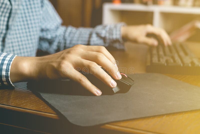 Close Up Hands Play Video Games on Desktop Pc at Home on Table Using a ...