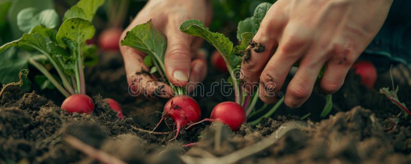 A Close-up of Hands Pulling Radishes from the Soil, with the Vibrant ...