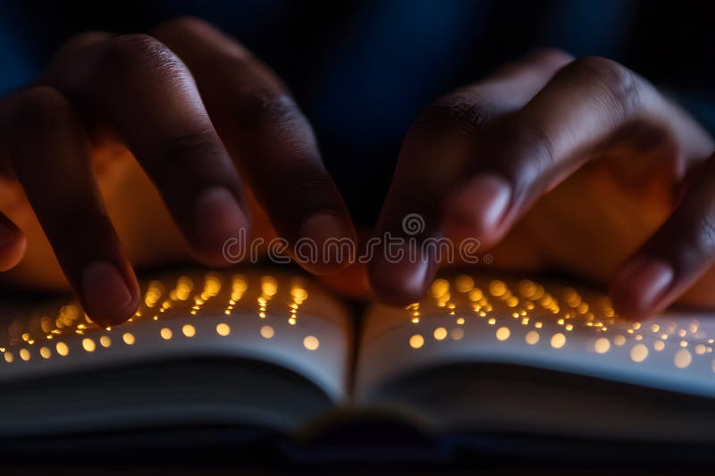 Close-up of Hands Reading a Braille Book, with Soft Light Highlighting ...