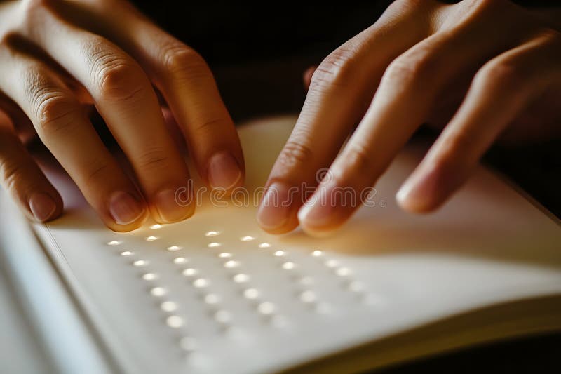 Close-up of Hands Reading a Braille Book, with Soft Light Highlighting ...