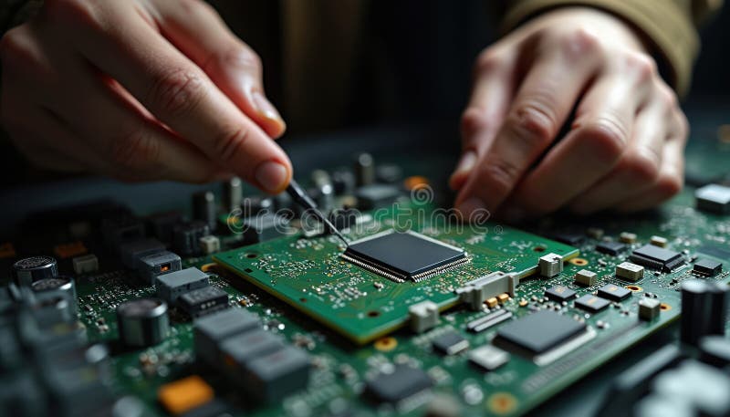 Close-up of Hands Repairing Computer Motherboard. Tech Engineer Repairs ...