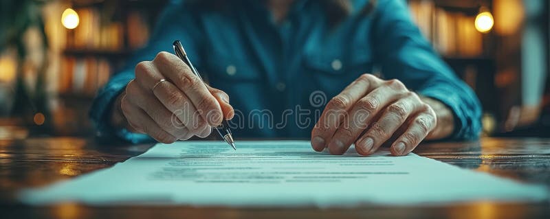Close-up of Hands Reviewing and Signing a Business Document at a Desk ...