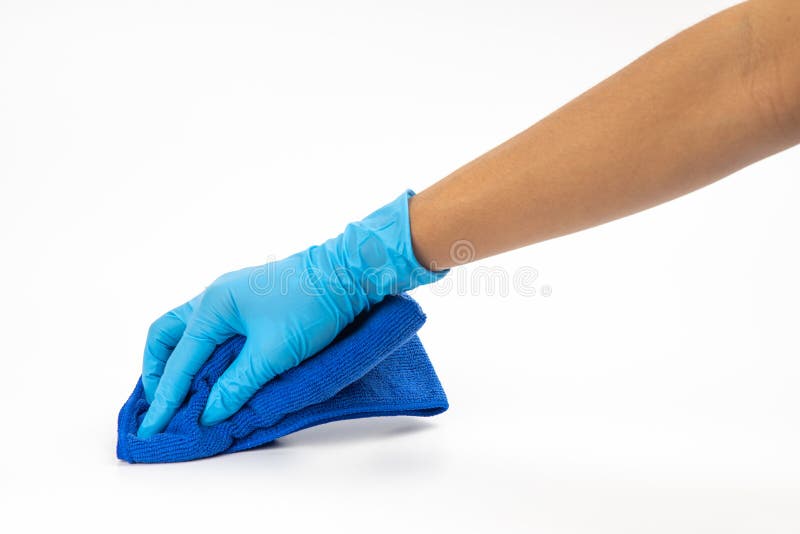Close Up of Hands in Rubber Protective Blue Gloves Cleaning the Blue ...