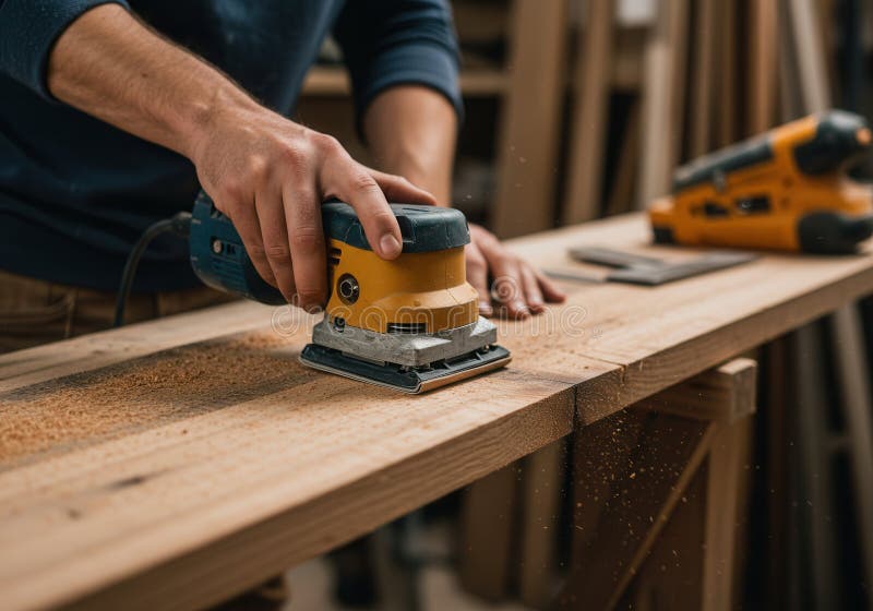 Close Up of Hands Sanding Wooden Board Using Electric Tool in Carpentry ...