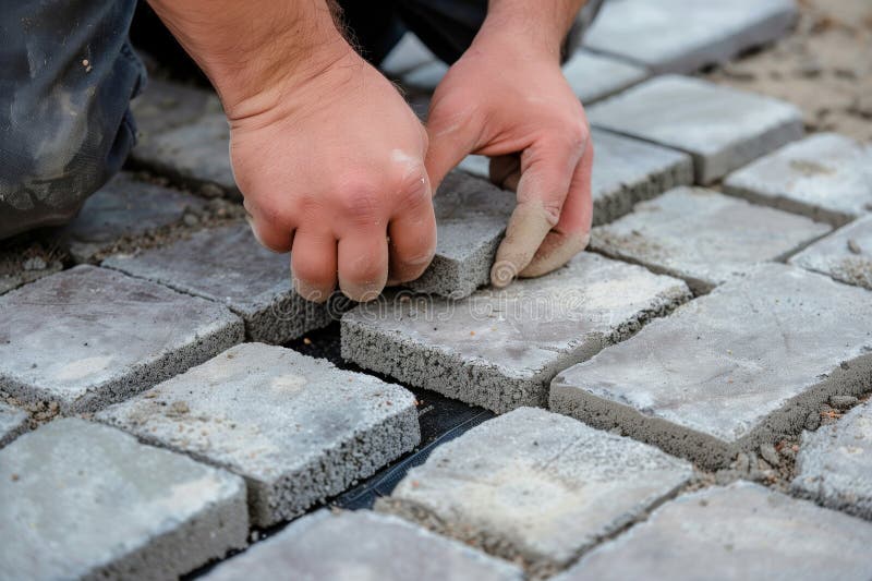 Close Up of Hands Setting the First Paving Stone Corner Stock Image ...