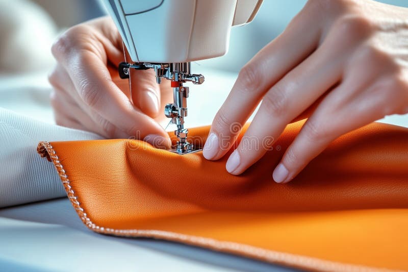 Close-up of Hands Sewing Orange Leather with a Sewing Machine Ai Photo ...