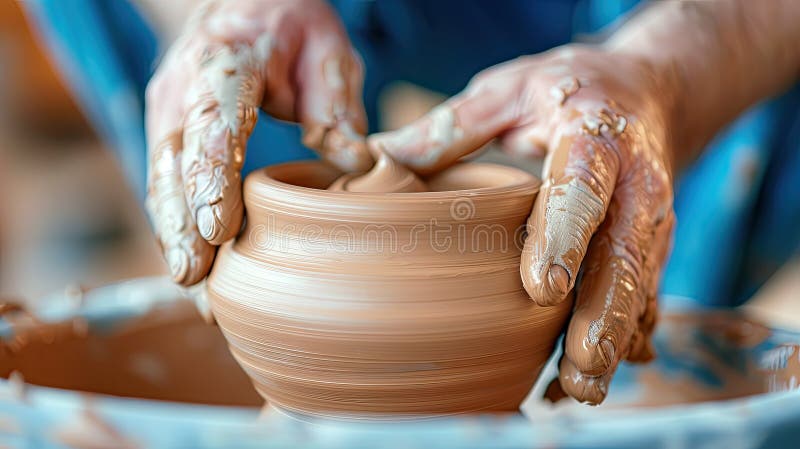 Close-up of Hands Shaping a Clay Pot on a Pottery Wheel, Showcasing the ...