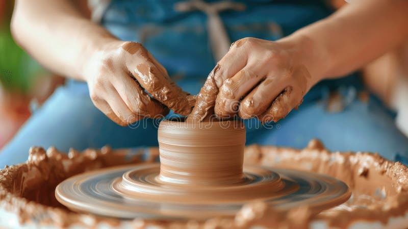 Close-up of Hands Shaping Clay on a Pottery Wheel, Demonstrating a ...