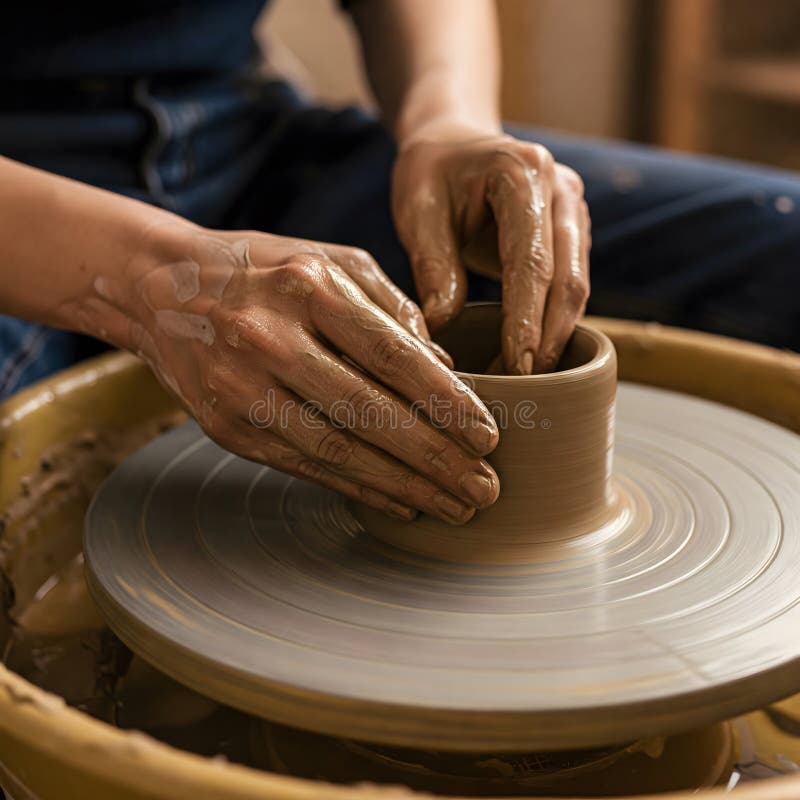 Close-up of Hands Shaping Clay on a Spinning Pottery Wheel. Generative ...