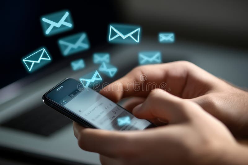 Close Up of Hands with Smartphone Checking Email, Surrounded by ...