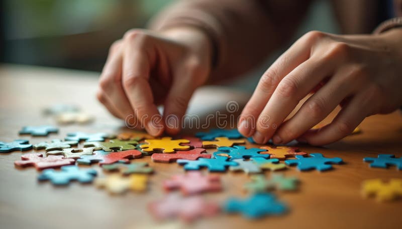 Close-up Hands Solving Puzzle. Person Collects Colorful Jigsaw Pieces ...