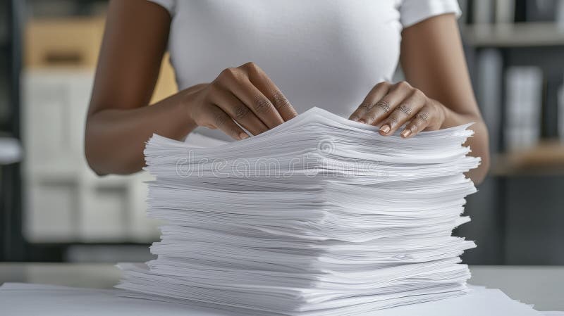 Hands Carefully Sorting a Large Stack of White Papers on a Table Stock ...