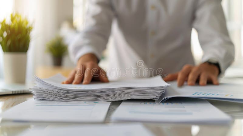 Close-up of Hands Sorting through a Stack of Documents on a White Desk ...