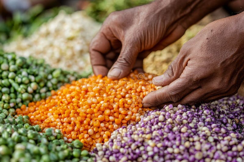 Close-up of Hands Sorting Vibrant Grains and Legumes, Showcasing a ...