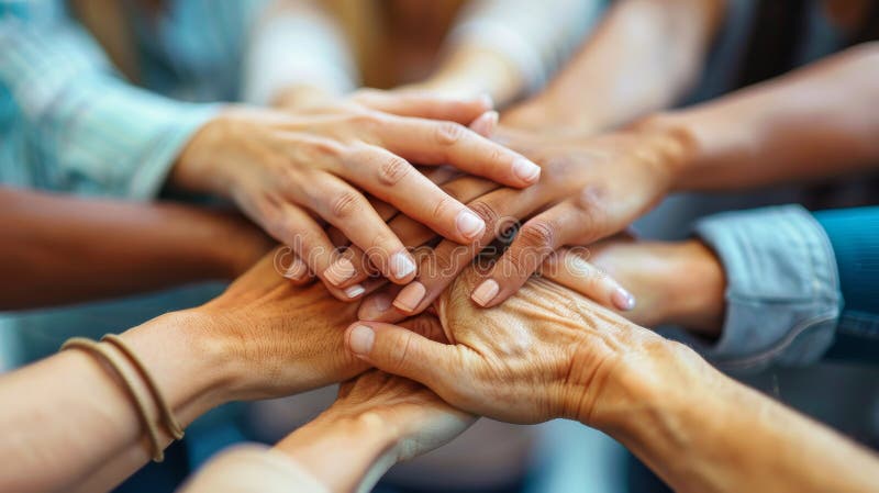 Close-up of Hands Stacked Together in a Teamwork Gesture, with a ...