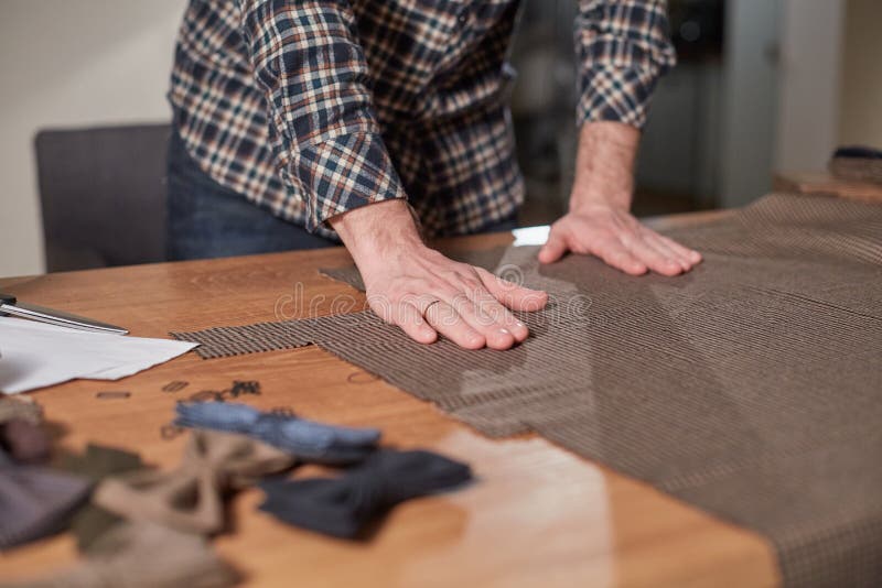 Close-up Hands of Tailor, Cutting Wool Fabric. Craftsman Makes ...