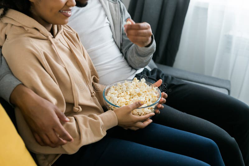 Close Up of Hands Taking Popcorn from Bowl. Stock Image - Image of male ...