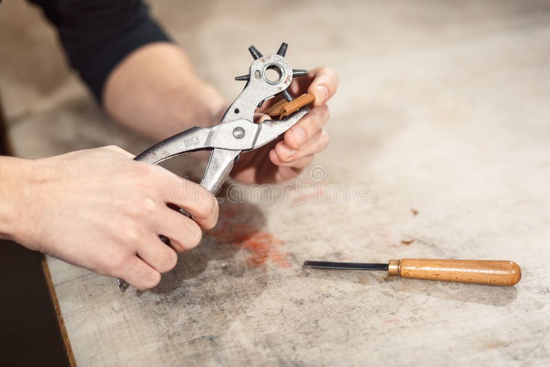 Close Up of Hands Tanner Performs Work on Table with Tools Stock Photo ...