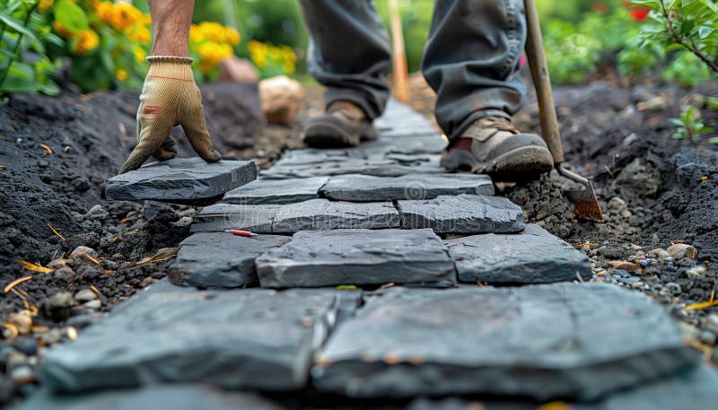 Close Up on the Hands and Tools of an Expert Workman Laying Patio Slabs ...