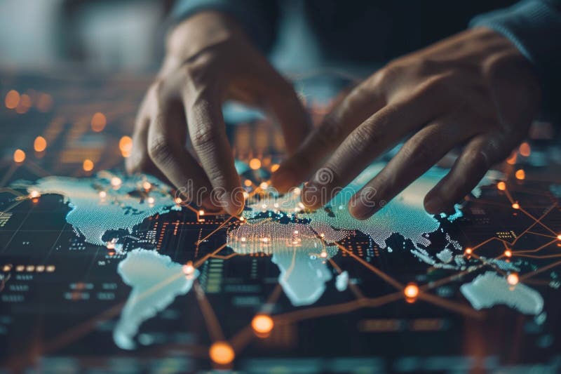Closeup of Hands Tracking Global Shipping Routes on a Digital World Map ...